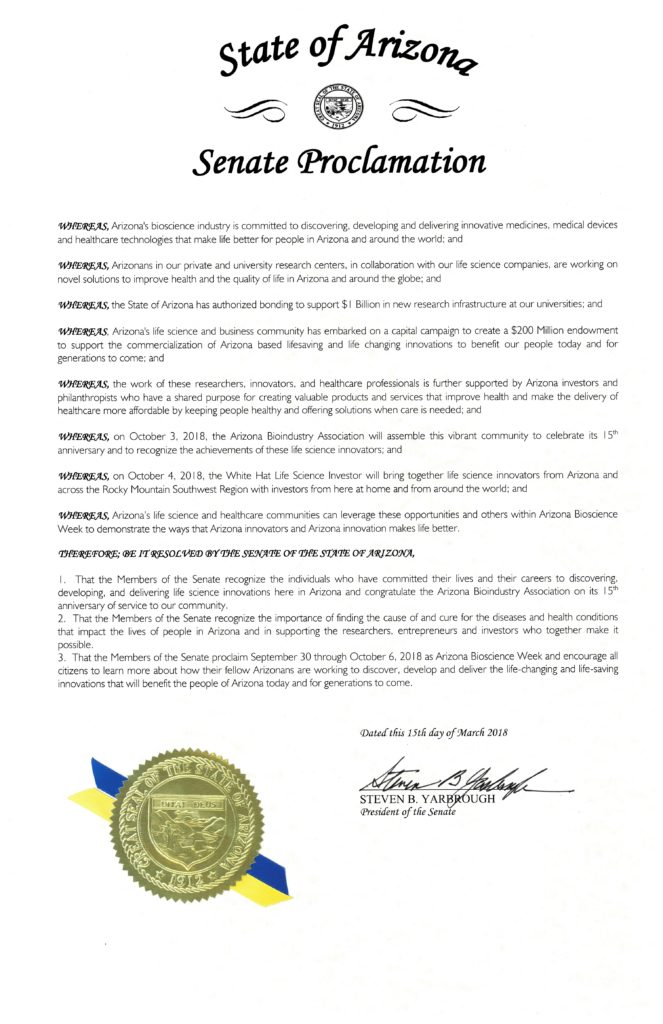 Senate Proclamation Honors Arizona Bioscience Community | AZBio